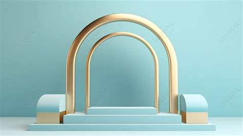 연한 파란색 제품 디스플레이와 추상 구성 배경의 고급스러운 금색 아치를 갖춘 미니멀한 3d 스탠드 금색 배경 스탠 배경 미니멀 배경 이미지 Hd 금색 스탠 미니멀