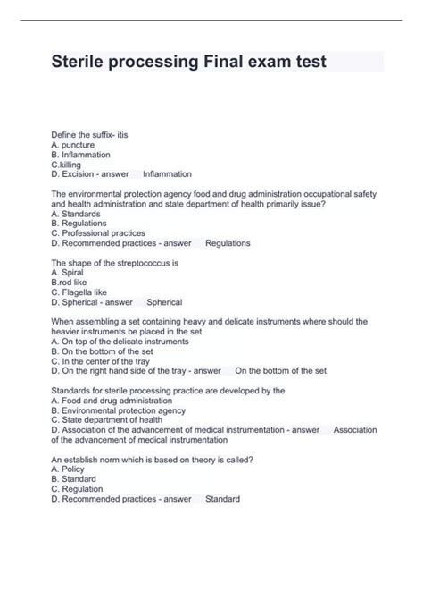 Sterile Processing Final Exam Test Questions With Correct Answers 2024