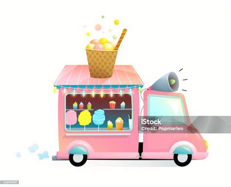 솜사탕 아이스크림 디저트와 달콤한 길거리 음식 자동 판매기 트럭 아이들을위한 과자를 판매하는 자동차에서 거리 박람회 또는 카니발 공급 업체 귀여운 만화 일러스트 사육제에
