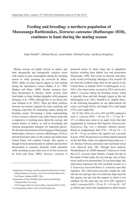 Pdf Feeding And Breeding A Northern Population Of Massasauga
