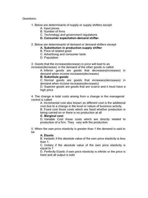Managerial Economic Quiz Pdf Elasticity Economics Demand