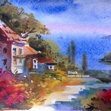 수채화 다채로운 밝은 질감 추상 배경 핸드메이드 지중해 풍경 바다 해안의 건축과 식물의 그림 이딜 0명에 대한 스톡 벡터 아트