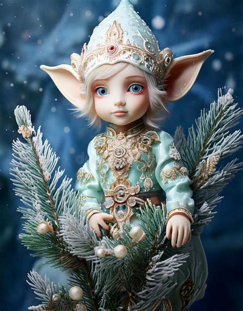 Beautiful Little Elf Dressed In Rich Clothes Among Fir Branches In The