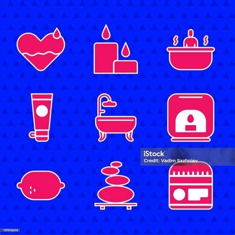 욕조 스택 핫 스톤 크림 또는 로션 화장품 튜브 아로마 램프 레몬 심장 치유 아이콘을 설정합니다 벡터 감귤류 과일에 대한 스톡 벡터 아트 및 기타 이미지 Istock