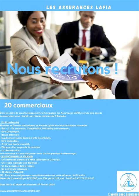 ASSURANCES LAFIA RECRUTE 20 COMMERCIAUX H F Y A Bara Offres D