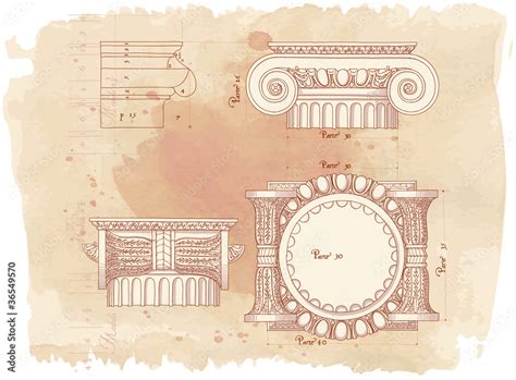 Hand Draw Sketch Ionic Architectural Order Vintage Watercolor Stock