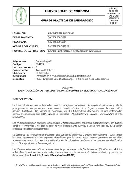 FDOC Guía No Identificación de Mycobacterium tuberculosis UNIVERSIDAD DE CÓRDOBA FDOC