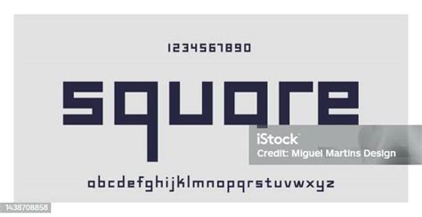 정사각형 타이포그래피 기하학적 글꼴 서체 숫자 및 문자 세트 작은 글자 창조적 인 알파벳입니다 벡터 그림입니다 기술 게임 스포츠 및 건축 과목 컴퓨터 글자에 대한 스톡 벡터