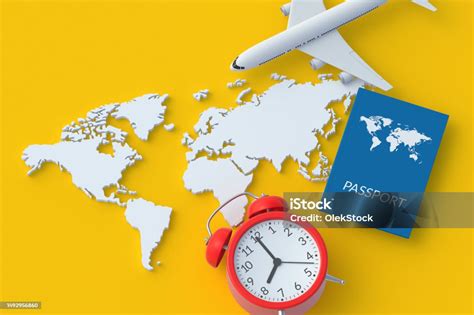 알람 시계 비행기 및 세계지도 근처의 여권 휴가 개념입니다 해외 여행 여름 휴가 3d 렌더링 3차원 형태에 대한 스톡 사진 및 기타 이미지 Istock