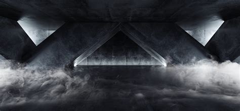 연기 증기 안개 공상 과학 Fi 현대 콘크리트 시멘트 어두운 빈 아스팔트 반사 그런 지 홀 방 복도 터널 우주선 빛나는 흰색 영화 일광 광선 3d 렌더링 0명에 대한 스톡