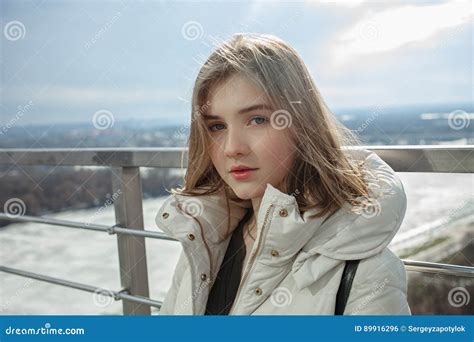 Young Adorable Blonde Teen Girl Having Fun On The Observation Deck With
