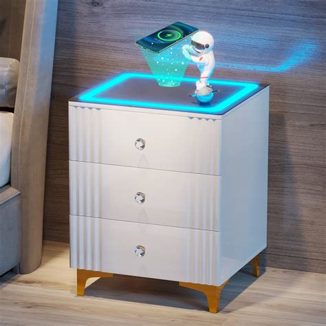 Dnbss Led Nightstand With Wireless Charging Station Night Stand With Glass Top Usb Type C