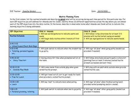 Matrix Planning Form Example