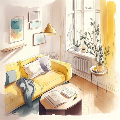 Sofa In The Living Room Drawing By Watercolor Stock Illustration Illustration Of House