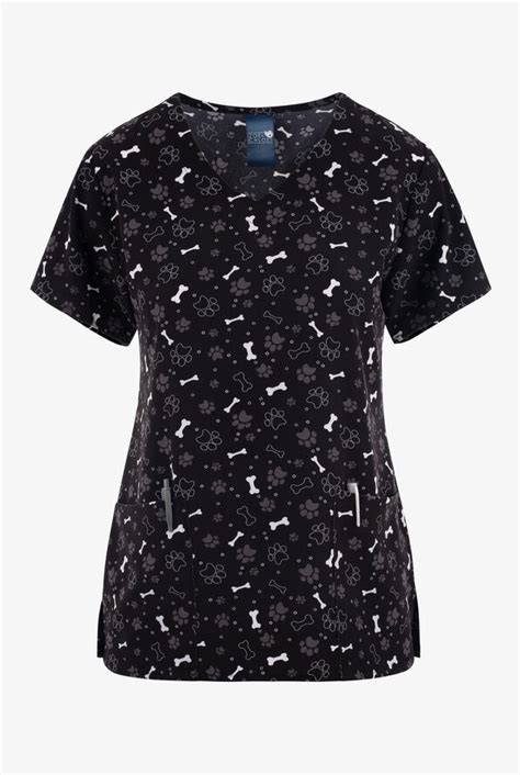 Zoe And Chloe Paws And Play Womens 2 Pocket Stretch V Neck Print Scrub