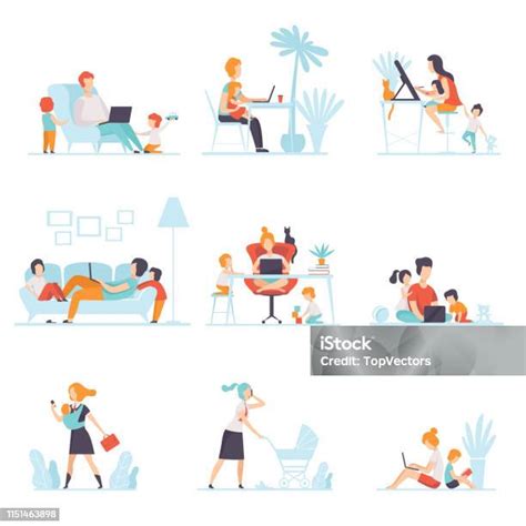 컴퓨터 세트에 집에서 일 하는 부모 아이 들 옆에 노는 자녀 어머니와 아버지는 아이 들과 함께 일하고 사업가 벡터 일러스트 사람들에 대한 스톡 벡터 아트 및 기타 이미지