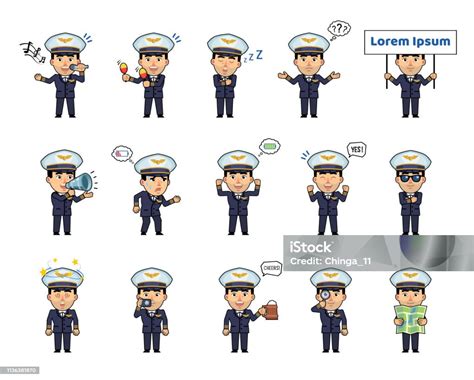 다양 한 행동 감정을 보여주는 항공사 조종사 문자 집합입니다 축 하 생각 잠자는 다진 사진 촬영 지도를 읽고 다른 작업을 하 고 검색에 대한 스톡 벡터 아트 및 기타 이미지