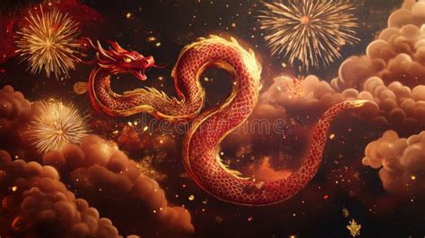 A Golden And Red Dragon Soaring Through Fireworks And Clouds Stock