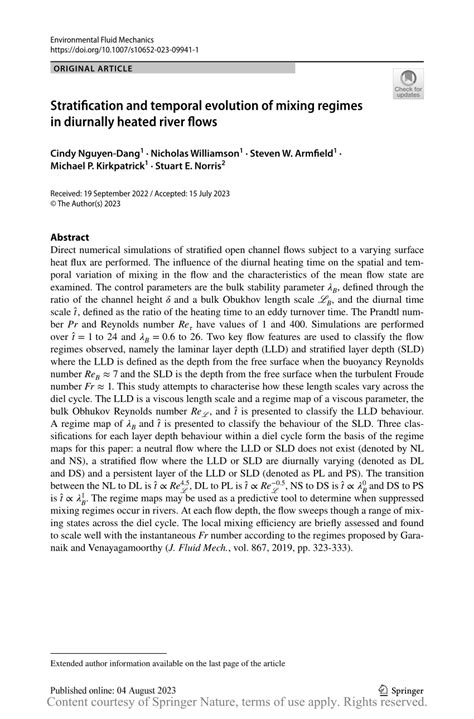 Pdf Stratification And Temporal Evolution Of Mixing Regimes In Diurnally Heated River Flows
