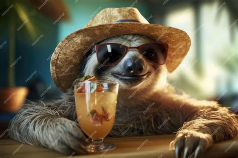 Premium Photo Sloth In Sunglasses With A Cocktail On A Background Of