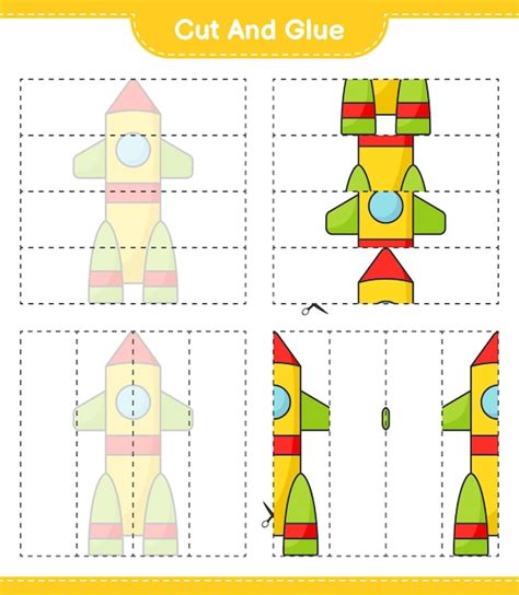 로켓의 잘라낸 부분을 자르고 붙이고 붙입니다 교육용 어린이 게임 인쇄용 워크 시트 프리미엄 벡터