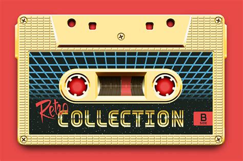 골든 오디오 카세트 복고풍 컬렉션 80 년대 스타일의 믹스 테이프와 Retrowave Synthwave 기화 파 또는 상회