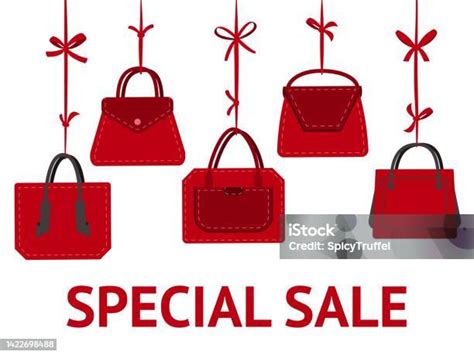 패션 핸드백 판매 리본에 매달려있는 빨간 크리스마스 가방 아름다운 여성 액세서리 봄 스타일 프로모션 전단지 쇼핑 할인 여성 구매 벡터 특별 제안 배너 지갑에 대한 스톡 벡터