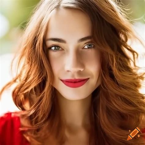 Portrait Of A Smiling Woman With Wavy Brown Hair On Craiyon