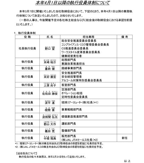 本年4月1日以降の執行役員体制について Jta日本トランスオーシャン航空