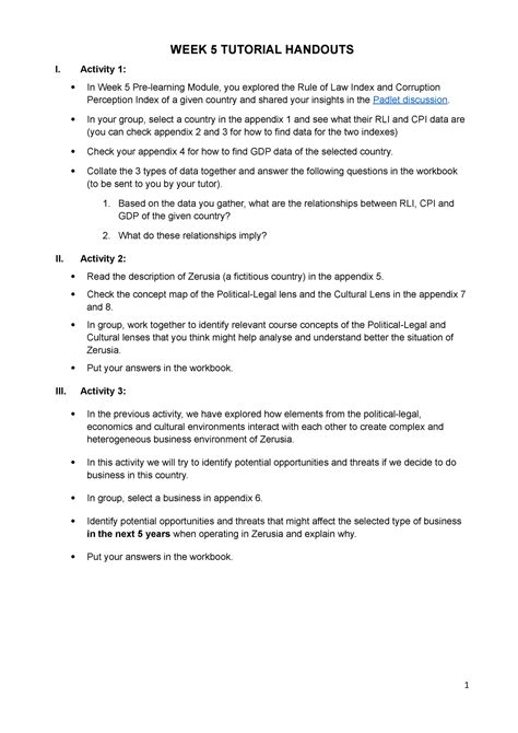 Week 5 Tutorial Handouts Week 5 Tutorial Handouts I Activity 1 In Week 5 Pre Learning Module