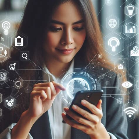 Mulher De Negócios Usando Smartphone Para Tocar Na Tela Virtual Com