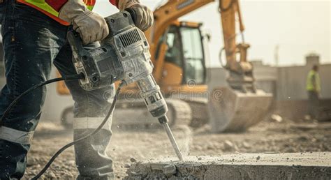Construction Worker Using Jackhammer To Break Concrete Stock