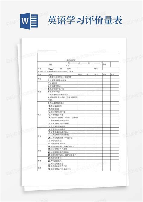 英语学习评价量表Word模板下载 编号lvrybymx 熊猫办公