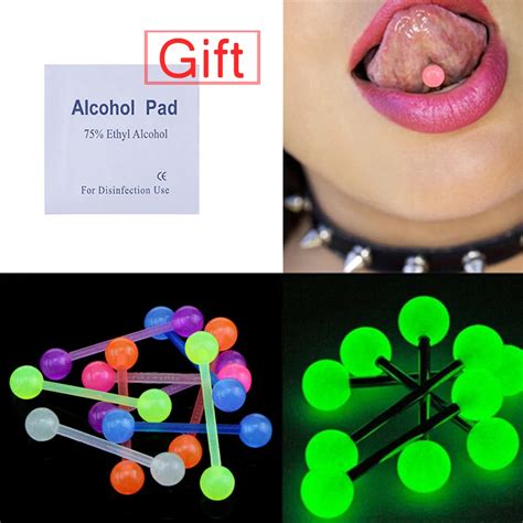 10pcs 플라스틱 혀 피어싱 바벨 바 혀 반지 빛나는 펑크 패션 바디 쥬얼리 남자 여자 여자 어둠 속에서 빛나는 바디 쥬얼리