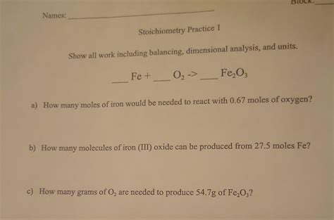 Solved Stoichiometry Practice 1 Show All Work Including