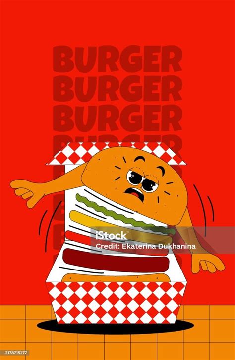 복고풍 그루비 스타일의 도시락에 펑키한 햄버거 캐릭터가 있는 수직 배너 얼굴과 손이 있는 사이키델릭 패스트 푸드 마스코트 멋진 벡터 배경과 포스터 70 79세에 대한 스톡