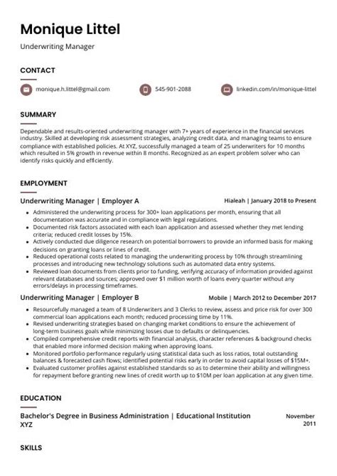Underwriting Manager Resume Cv Example And Writing Guide