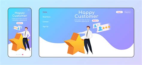 행복한 고객 적응 방문 페이지 플랫 컬러 벡터 템플릿 스타 모바일 및 Pc 홈페이지 레이아웃으로 웃는 남자 높은 평가 한 페이지