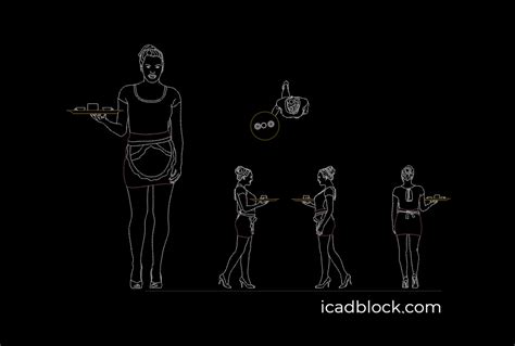 Waitress Carrying Tray With Drinks In Dwg Fromat Icadblock