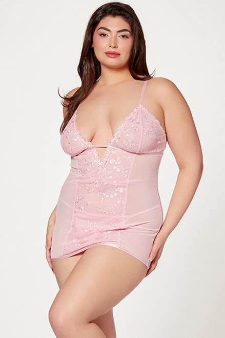 Plus Size Pink Floral Mesh Embroidered Lingerie Chemise And G String