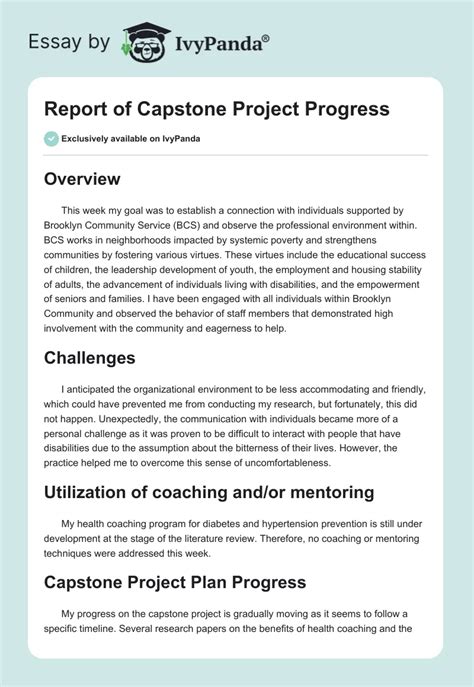 Report Of Capstone Project Progress 352 Words Essay Example
