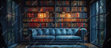 Leather Sofa In A Library With Warm Lighting Premium Ai Generated Image