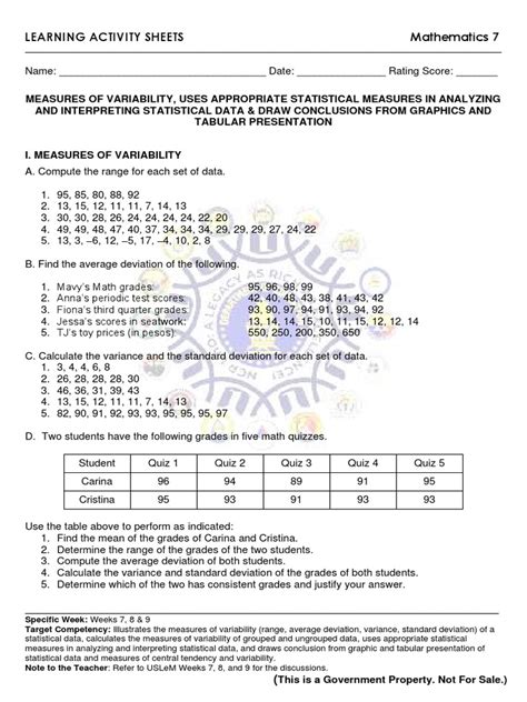 Math 7 Q4 Las 4 Rtp Pdf Variance Statistics
