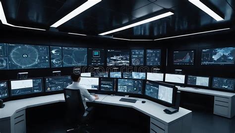 Man Monitoring Multiple Screens In A Modern Control Center Setting