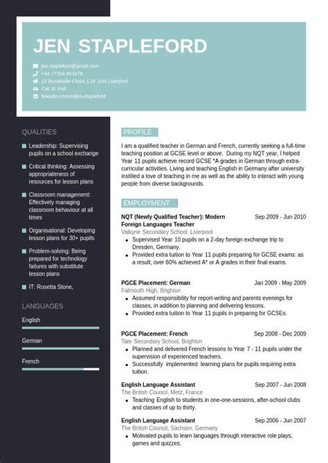 Cv Example Teacher Jobseeker