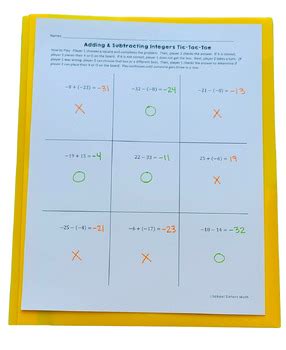 Adding And Subtracting Integers Practice Activity Worksheet Tic Tac Toe