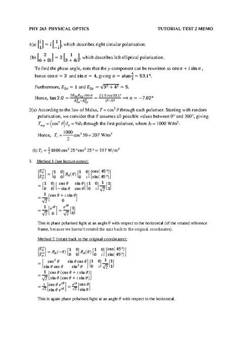 Tut Test 2 Memo Answers To Tutorial Test For Optics Phy 263 Physical Optics Tutorial Test 2