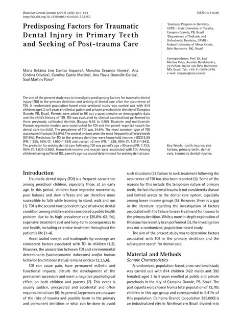 Pdf Predisposing Factors For Traumatic Dental Injury In Primary Teeth