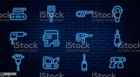 세트 라인 페인트 스프레이 건 스크루 드라이버 왕복 톱 발전기 전기 퍼즐 대패 도구 드릴 머신 및 건설 착암기 아이콘 벡터 건설 기계류에 대한 스톡 벡터 아트 및 기타