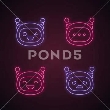 Robot Emojis Neon Light Icons Set Clip Art